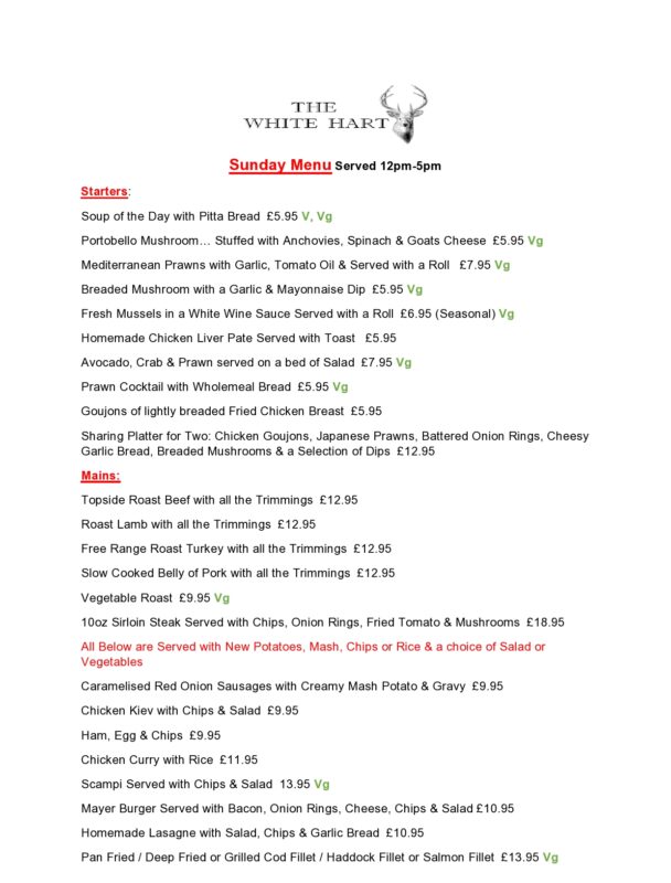 Menus - The White Hart