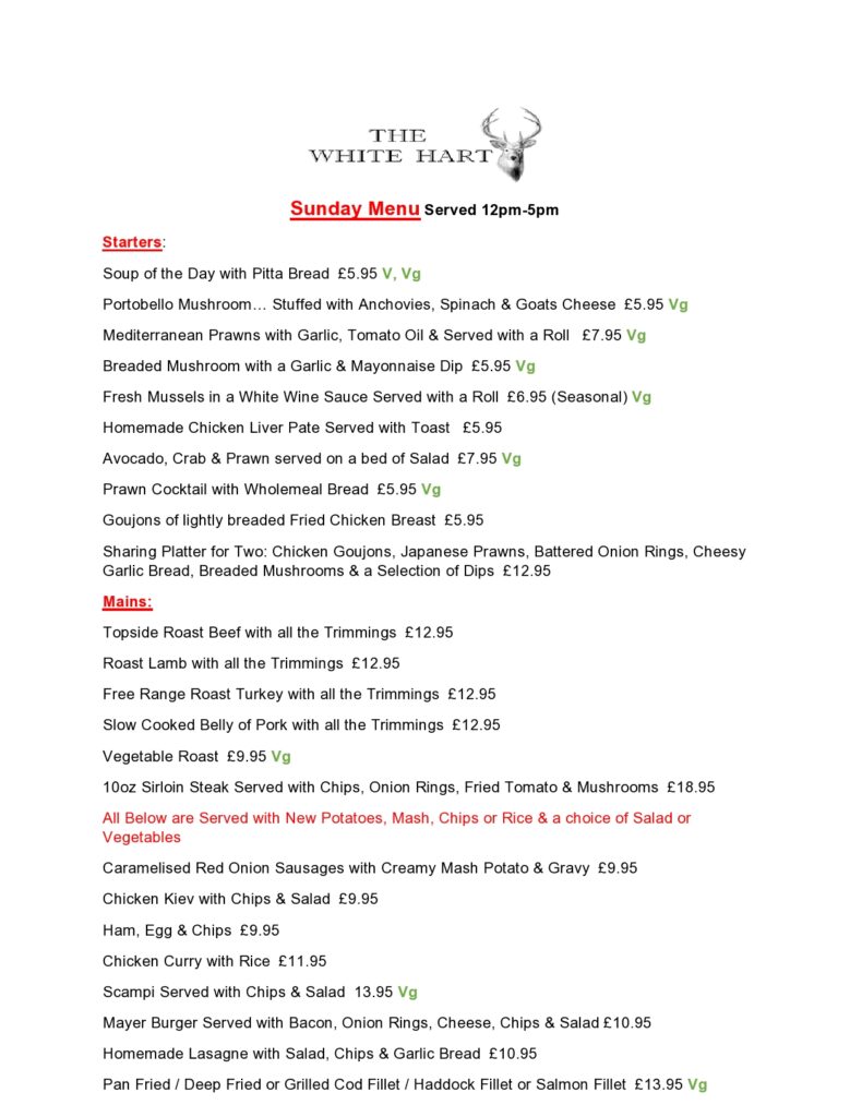 Menus - The White Hart