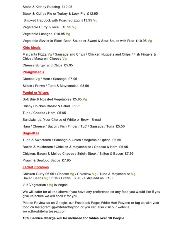 Menus - The White Hart